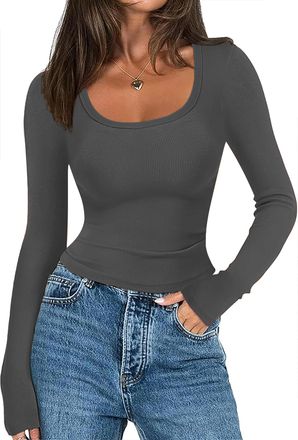 Zeagoo Long Sleeve Damen Basic Langarmshirts Rundhals Slim Fit Y2K Rippstrick Crop Tops mit Quadratischem Kragen Basic Oberteil