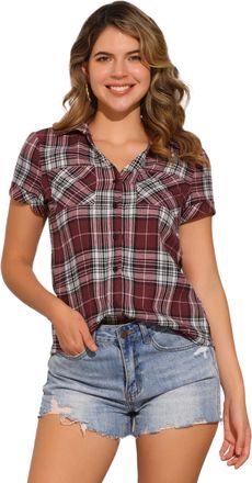 Allegra K Damen Kariertes Hemd Shirt Kariert Kurzarm Classic Oberteil mit Taschen Karo Bluse Rot Schwarz Wei&szlig; S