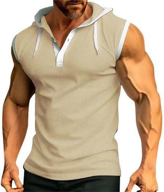 Generic DENGJIAMY D&eacute;bardeur &agrave; capuche sans manches gaufr&eacute; pour homme - T-shirt d&eacute;t&eacute; &agrave; boutons et col en V pour homme, beige, XXL