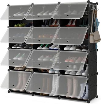 Costway Meuble a Chaussure pour 48 Paires, 12 pcs Boite Rangement Chaussures, Crochet de Suspension Lat&eacute;ral, Rangement Chaussure Transparent