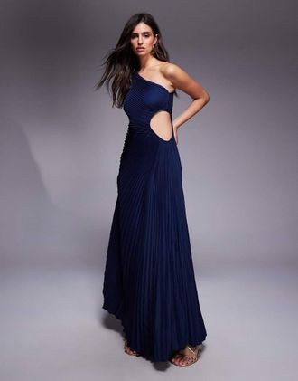 Aria Cove Robe longue asym&eacute;trique pliss&eacute;e &agrave; d&eacute;coupes - Marine-Bleu marine
