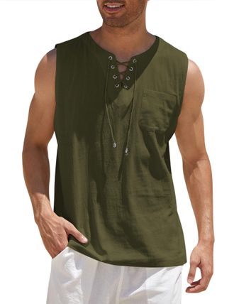 Coofandy Tank Top Herren Baumwolle Ärmelloses Shirt für Männer Sommer Beach Henley Casual Hippie Strand Hemd Oversize Armeegrün M