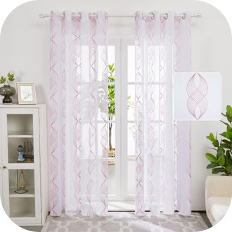 Deconovo Vorhänge mit Ösen Gardinenschals Vorhang Leinenoptik Transparent Gardinen Dekoschal Stores Wohnzimmer Blatt, 290x140 cm(HöhexBreite), Rosa, 2er Set