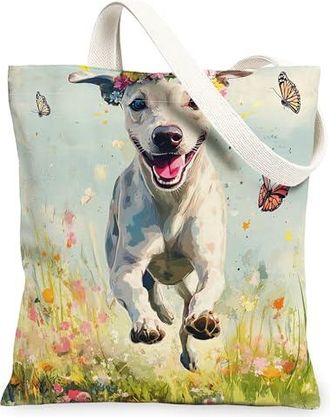 Generic Sac fourre-tout en toile motif chien Whippet de printemps 33 x 38,1 cm, sac d&eacute;picerie r&eacute;utilisable pour femme, animal de compagnie, peinture de voyage