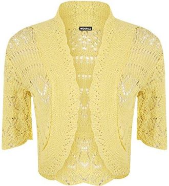 WearAll Boléro Cardigan Tricoté Crochet à Manches Courtes - Hauts - Femme - Jaune - 42-44