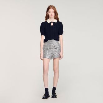 Sandro Zopfstrickpullover mit Perlenkragen