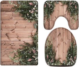 A.Monamour Badezimmer Badematte 3 Teilig Set Wei&szlig;e Blume Und Blattpflanze &Uuml;ber Holzzaun Garten Natur Flanell WC Toilette Deckel Deckt Bad Matte Teppich Badteppic