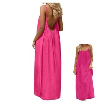Generic Womens Solid Color Backless Cami Dress,Adjustable Sleeveless Spaghetti Strap Flowy Maxi Sundress Tie Back Beach Vacation Outfit (Rose Red,Grand)