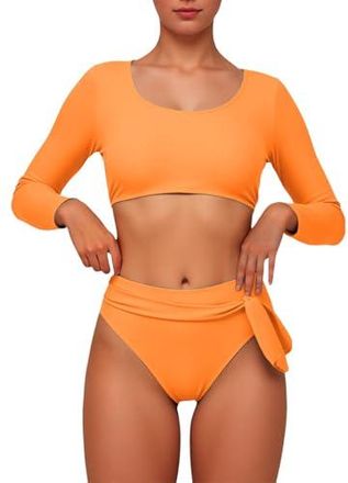 Generic Maillots De Bain Femme Deux Pieces Gainant Et Amincissant Maillots de Bain, Haut Court, Bikini Taille Haute, Rashguard, Manches Longues (Yellow, L)