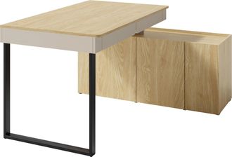 Mirjan24 Schreibtisch Lonitz LZ10 mit Kommode, Eckschreibtisch grifflos, 3 T&uuml;ren & 2 Schubladen, universell montierbar, B&uuml;rotisch auf Metallbein (Sandbeige + G