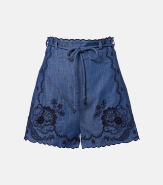 Zimmermann Short Aster en denim &agrave; broderie