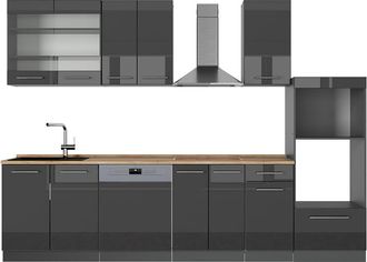 Vicco Küchenzeile Fame-Line, Anthrazit Hochglanz, 300 cm mit Hochschrank, AP Eiche