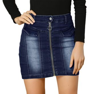 Allegra K Damen Jeansrock, figurbetont, Stretch, gewaschen, Rei&szlig;verschluss vorne, Jeans-Minirock, Dunkelblau, Mittel