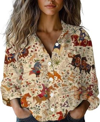 Generico Chemise Femme &Eacute;l&eacute;gant &agrave; Manches Longues Blouse Coton Et Lin Simple Grande Taille Chemisier Col en V Doux T Shirt Vintage Fantaisie avec Boutons Classi