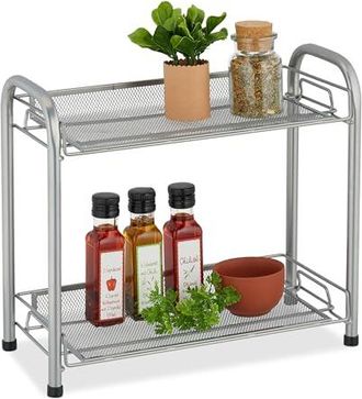 Relaxdays Gew&uuml;rzregal, 2 Ebenen, Tischregal f&uuml;r K&uuml;che & Bad, Gew&uuml;rze, Make-Up, Parf&uuml;m, Etagenregal aus Metall, Silber