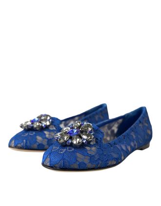 Dolce & Gabbana Womens Lace Crystal-Embellished Flat Blue Viscose Cotton Nylon