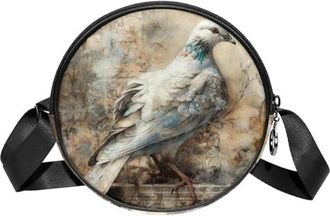 Generic Petit sac &agrave; bandouli&egrave;re rond pour femme, motif pigeon, vintage, avec fermeture &eacute;clair, bretelles r&eacute;glables, sac &agrave; main rond d&eacute;contract&eacute; pour femmes et