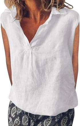 Generic Hauts décontractés pour femmes et filles 2024 nouveaux hauts décontractés pour femmes à revers ample sans manches en coton et lin T-shirt de sport pou