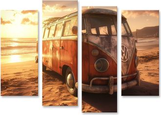 Islandburner Bild auf Leinwand Alter Volkswagen Bus am sonnigen Strand für Wohnzimmer Vintage-Liebhaber Surfbrett-Verleih Bilder Wandbilder Poster