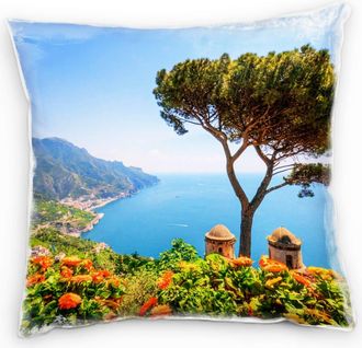 Paul Sinus Art Landschaft, blau, grün, Blumen, Meer, Hügel, Italien Deko Kissen 40x40cm für Couch Sofa Lounge Zierkissen - Dekoration zum Wohlfühlen