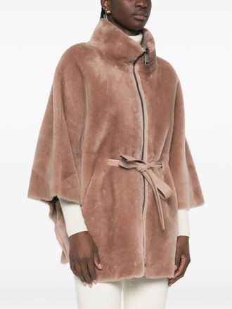 Suprema Shearling with Belted Waist and Cape Sleeves Coat - Pink