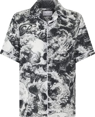 Philipp Plein Linen Bowling Shirt All-Over Ceramic
