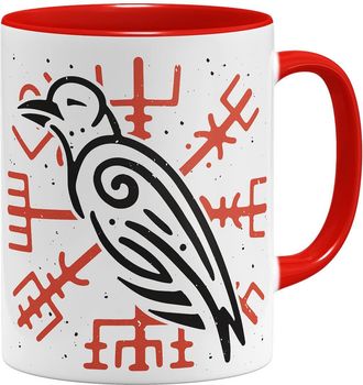 OM3 Kr&auml;he Wikinger Tasse Hugin Odin Midgard Vegvisir - Keramik Becher - 11oz 325ml - Beidseitig Bedruckt - blau