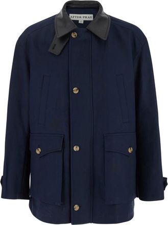 After Pray After Pray, Homme, Vestes, Bleu, Taille: S Veste avec Col en Cuir et Poches Passepoilées sur la Poitrine