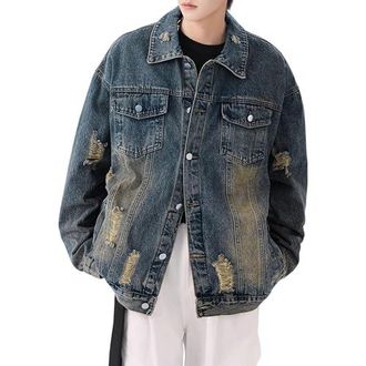 Generic Jeans Jacket for Men Vintage Distressed Denim Jacket Slim Ripped Jean Coat Classic Trucker Outwear Clothes Blue XX Large
