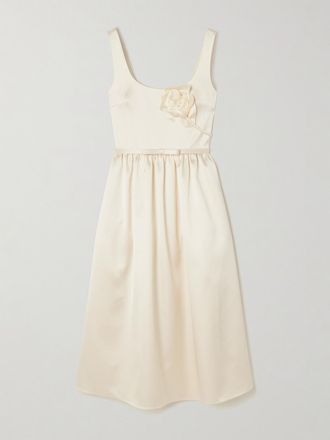 Self Portrait Robe Midi En Satin À Appliqué Et À Ceinture - Crème