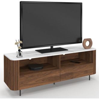 IDMarket Meuble TV 140 cm MARLA noyer effet lattes 2 tiroirs et plateau marbre blanc ALASKA