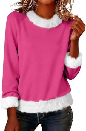 Generic Sweat de Noël pour femme - Col en peluche - Poignets en fourrure - Pull de Noël à manches longues - Tendance - Décontracté - Confortable - Coupe ample