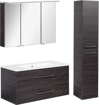 Fackelmann Dunkles Badmöbel Set B.Perfekt 3-TLG. mit Waschtisch Unterschrank inkl. Keramikbecken hängend 100 cm & LED Spiegelschrank