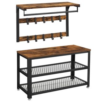 Vasagle Wandgarderobe, Schuhbank, Wandregal mit Ablage und 10 Haken, Schuhregal mit 3 Ebenen, Aufbewahrung, Metallgestell, Flur, Eingangsbereich, Industrie-De