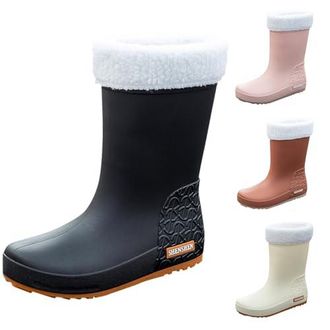 Generic Wellies Bottes de pluie mi-mollet pour femme, bottes dhiver doubl&eacute;es en peluche, chaudes, confortables, &agrave; enfiler, imperm&eacute;ables, antid&eacute;rapantes, d&eacute;con