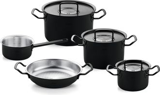 FISSLER Original-Profi Collection Shadow Line, 5-teiliges Edelstahl-Topfset, Limitierte Jubiläumsedition, 3 Kochtöpfe, Servierpfanne, Stielkasserolle, Schwarz