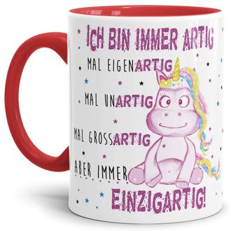 Tassendruck Einhorn-Tasse mit Spruch Immer Einzigartig - Unicorn/Geschenk-Idee/Freunde/Sterne/Innen & Henkel Rot