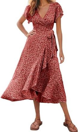 Generic Robe Fleurie Femme Ete À Manches Courtes Col en V Chic Floral Swing Elegant Wrap Élastique Taille Haute Longue Robes De Plage Boheme Robe Fluide