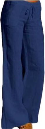 Generic Pantalon palazzo fluide en coton et lin pour femme avec cordon de serrage et taille &eacute;lastique avec poches, bleu, L
