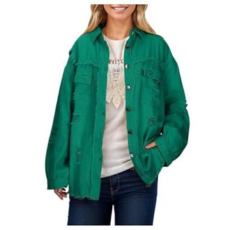Generic Vestes classiques pour femmes, veste en jean de couleur unie, mi-longue, style vieilli, &agrave; manches longues, manteau en jean d&eacute;contract&eacute; 2026, Vert, XXL