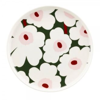 Marimekko Oiva/Unikko Plate 25 cm, White, dk, Green, lt.pink