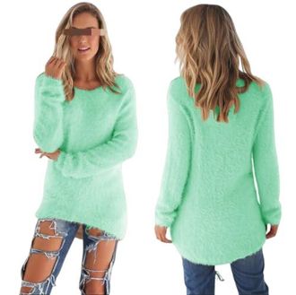 Generic Pull pelucheux &agrave; manches longues et col rond pour femme, Vert, 4XL