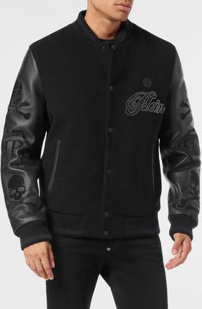 Philipp Plein Varsity-Bomberjacke aus Wolle mit Kalbsleder&auml;rmeln und Kontrastlogo