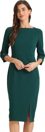 Allegra K Elegantes Damenkleid mit U-Boot-Ausschnitt, 3/4-&Auml;rmel, 2025, f&uuml;r die Arbeit, Midi-Etuikleid, dunkelgr&uuml;n, X-Gro&szlig;