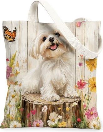 Generic Sac fourre-tout en toile motif chien maltais printanier 33 x 38,1 cm, sac d&eacute;picerie r&eacute;utilisable pour femme, motif animal de compagnie, d&eacute;coration cad