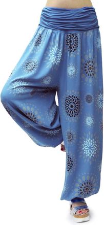 Glamexx24 Gloop Damen Pumphose Haremhose Freizeithose Sommerhose Hose in Blumen Muster oder UniFarben HS201715, Jeansblau13024a27.1, XL/XXXL