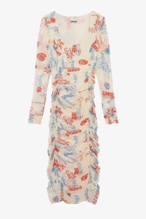 Ganni Robe midi en mesh fronc&eacute; Blanc Nylon - Taille 34 - Pour Femme