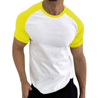 Generic T-shirt homme printemps &eacute;t&eacute; d&eacute;contract&eacute; sport bloc de couleurs manches raglan col rond, jaune, XL