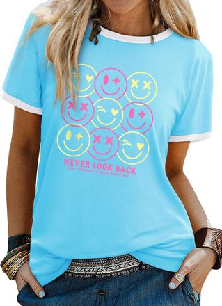 Dresswel Tshirt Damen Give Yourself A Smile Everyday L&auml;chelndes Gesicht Druck T-Shirt Rundhals Kurzarm T Shirts Sommer Oberteile Tee Tops Bluse