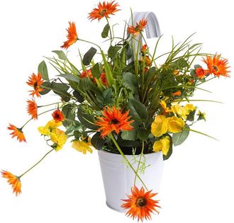 Botanic-Haus künstliches Sommerblumen Arrangement (Blumenbouquet) im weißen Metallhängetopf (orange-gelb)